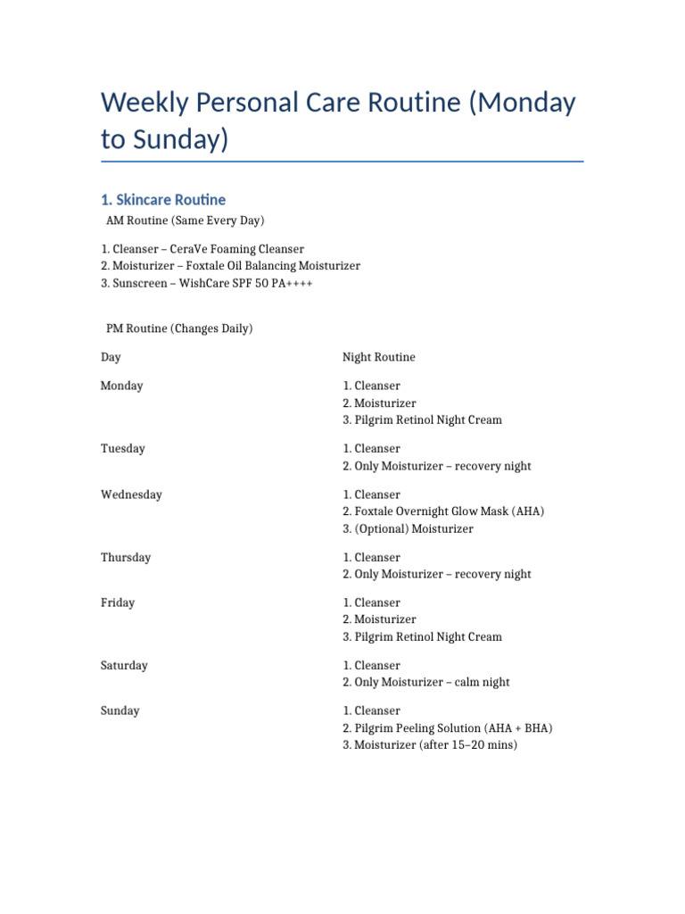 Weekly Self Care Routine | PDF | Skin Care | Cosmetics