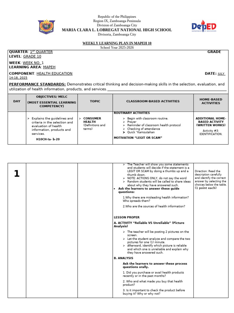 g10-Wlp Health Education - Week No. 1-25-26 | PDF | Evaluation | Human ...