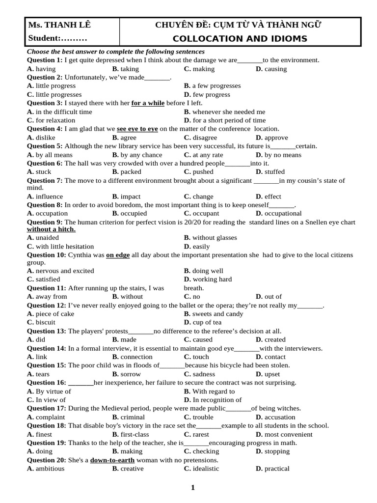 Collocations and Idioms Practice Quiz | PDF | Artificial Intelligence ...