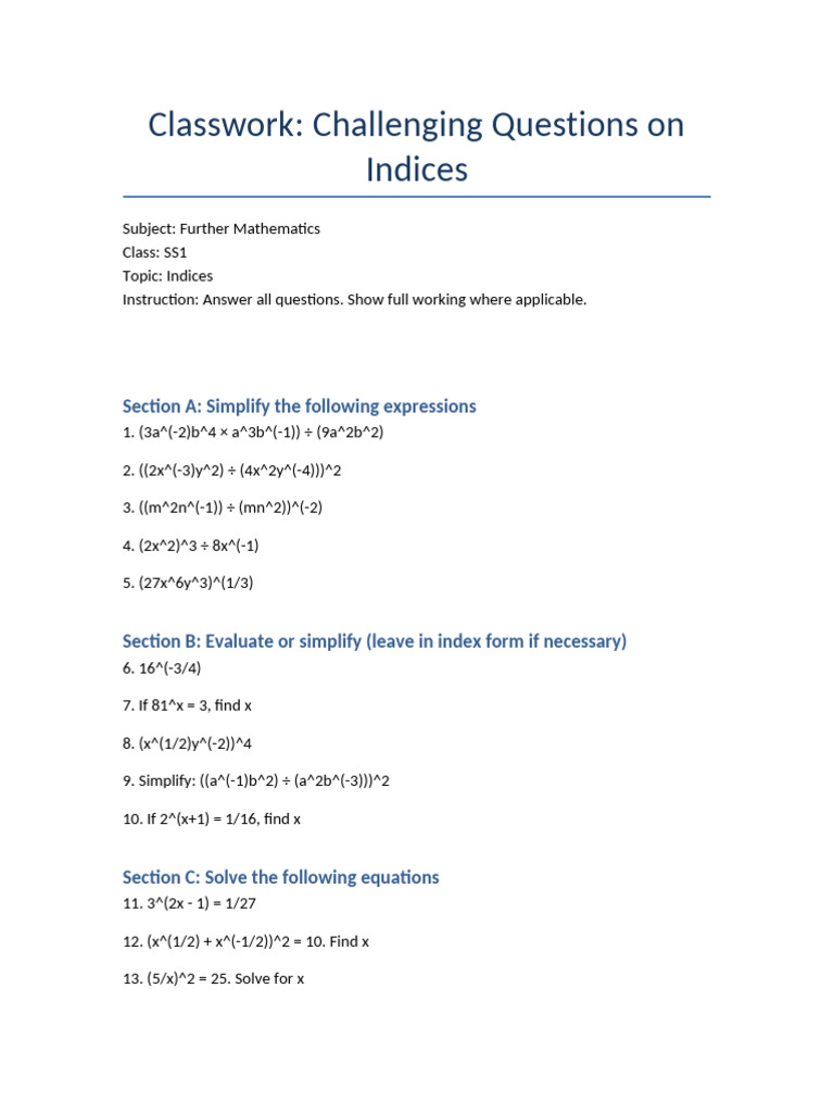 SS1 Indices Classwork Challenging | PDF