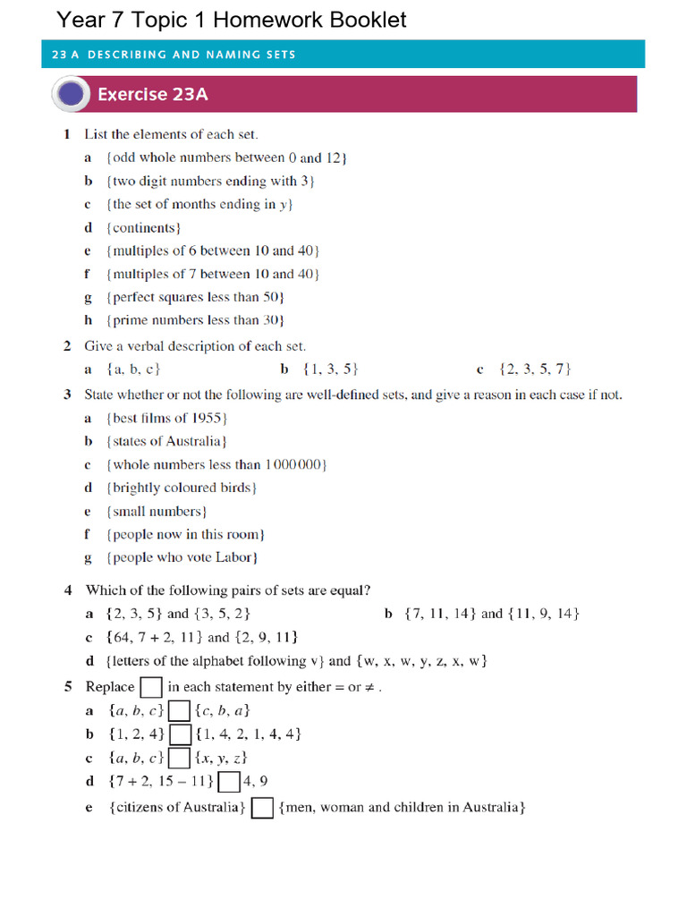 Year 7 Topic 1 Homework Booklet | PDF | Intersection (Set Theory ...