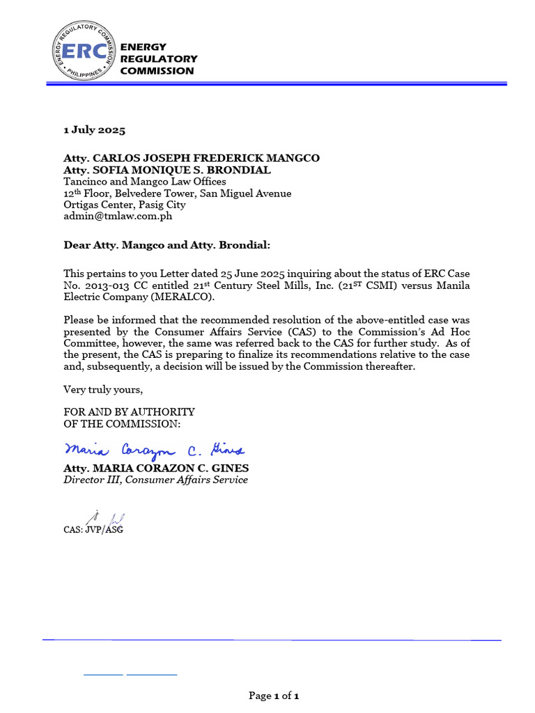 ERC Case Update: 21st Century Steel vs MERALCO | PDF