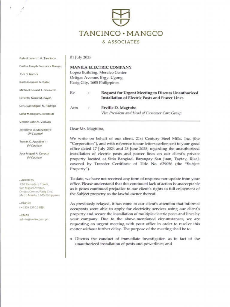 Request For Urgent Meeting - Meralco | PDF