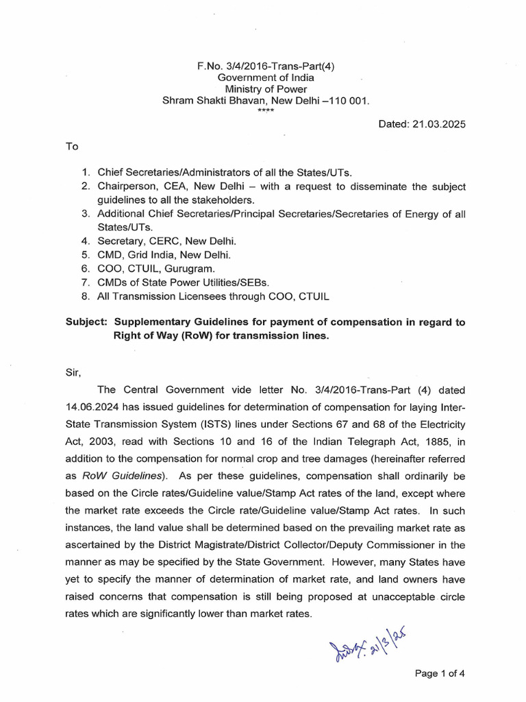 Guidelines For Payment of Compensation in Regard To Right of Way (RoW) For Transmission Lines ...
