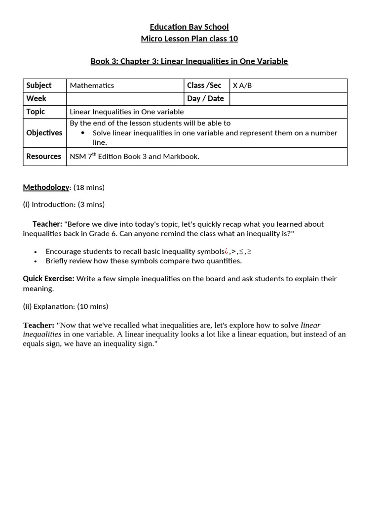 Linear Inequalities Lesson Plan for Class 10 | PDF | Inequality ...