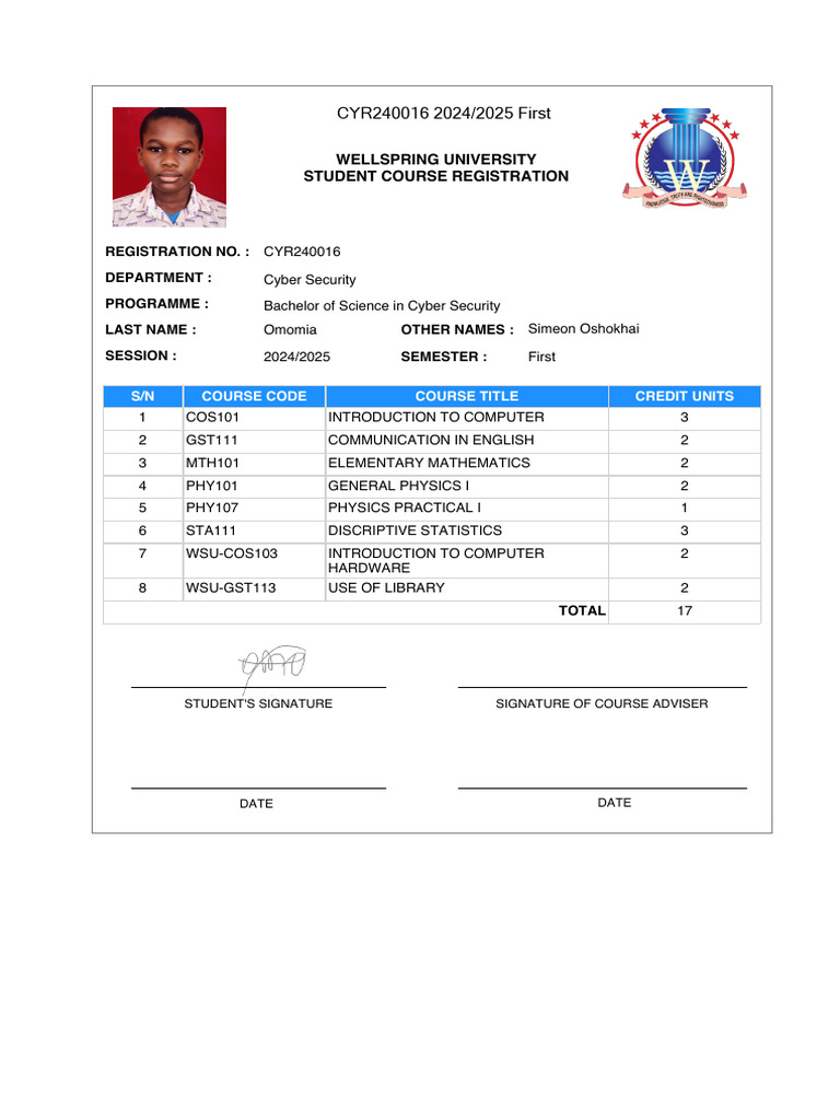 CYR240016 2024/2025 First: Wellspring University Student Course Registration | PDF