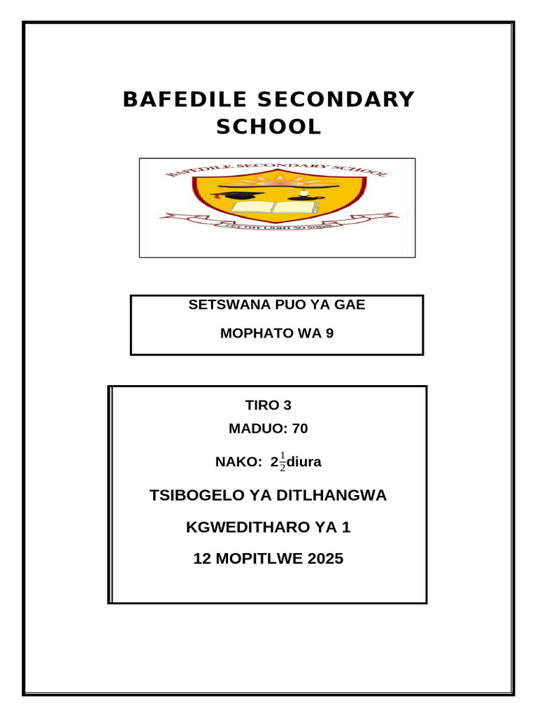Mophato 9 Test Term 1 - 2025 - 110103 | PDF