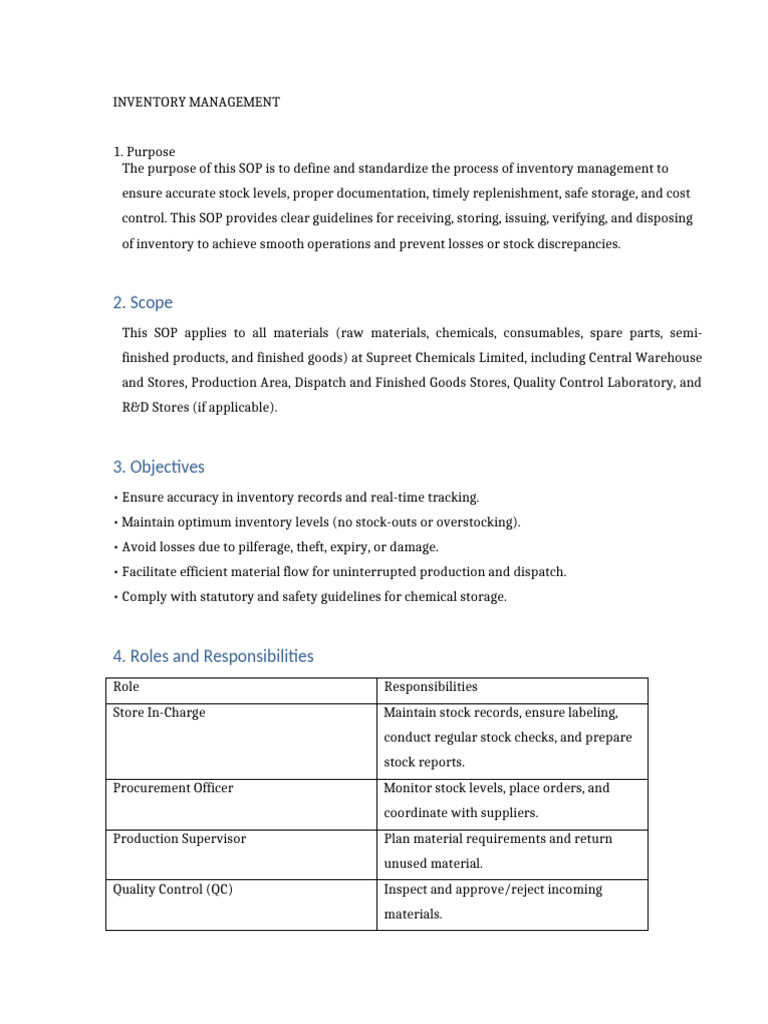 SOP Inventory Management Supreet Chemicals | PDF | Inventory | Audit