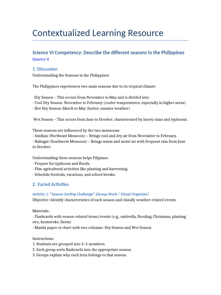 Contextualized Learning Resource Seasons Philippines | PDF | Wet Season ...