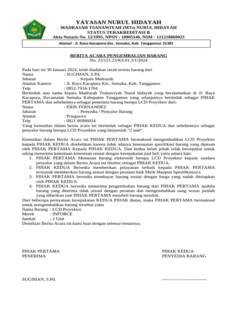 Berita Acara Pengembalian Barang | PDF