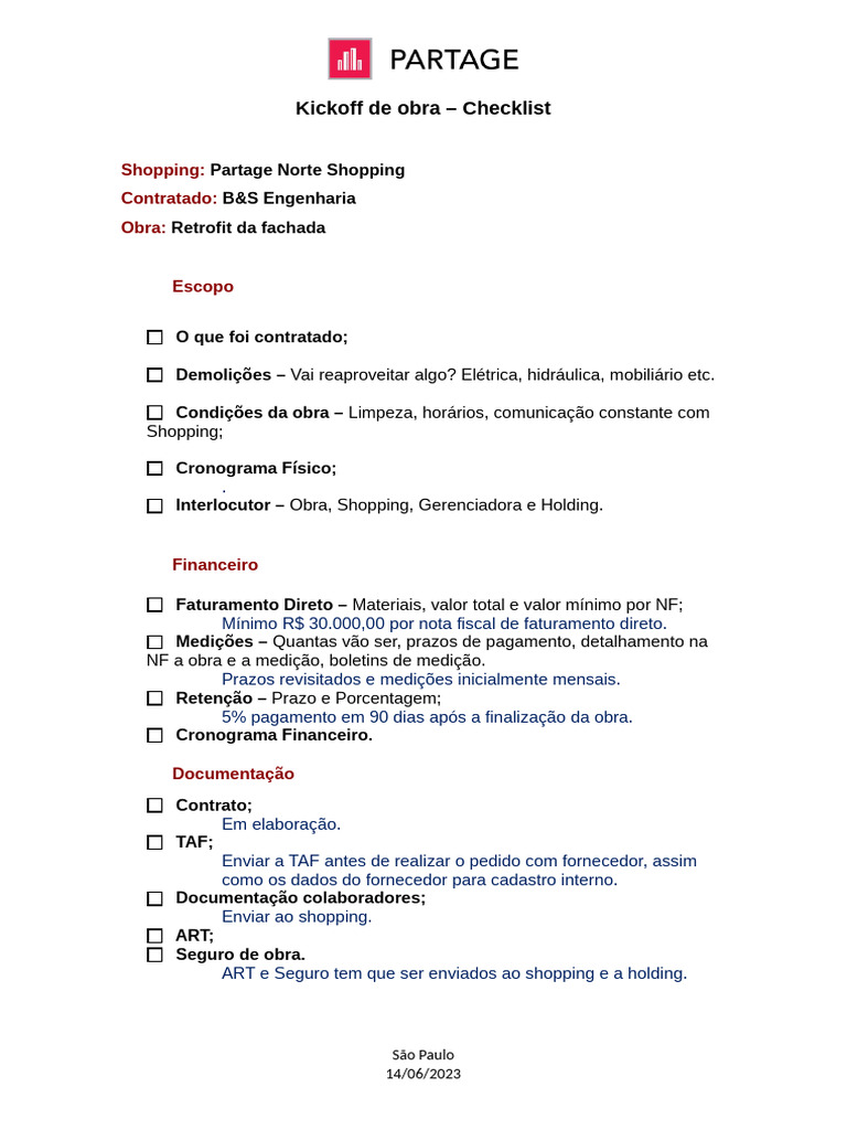 Checklist - Kickoff - Fachada PSPC | PDF