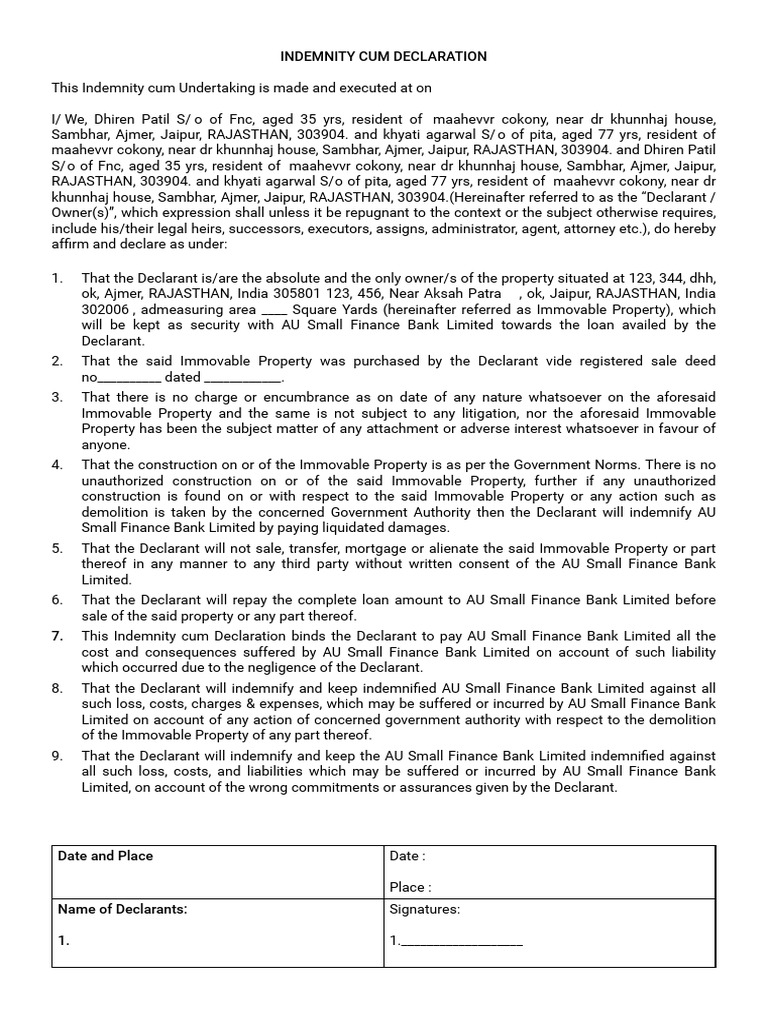 Indemnity Cum Declaration 3596cfe0 65fe 11f0 b9b4 Dd95005bf3c5 | PDF ...