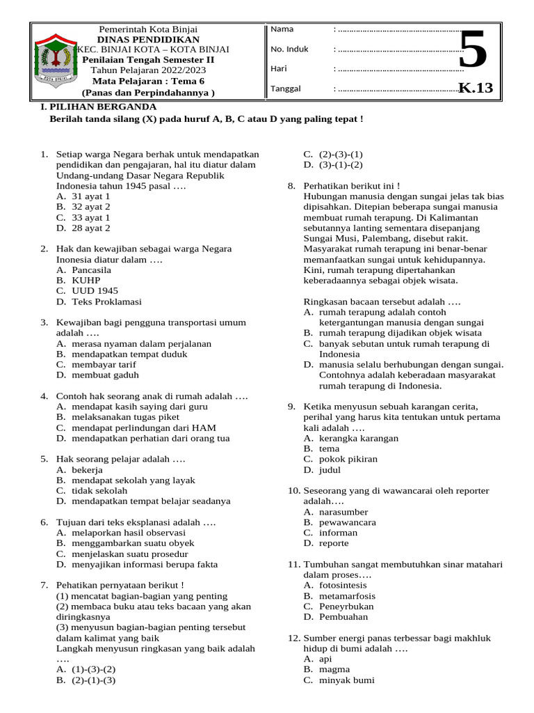 SOAL PTS TEMA 6 KELAS 5 SEM II | PDF