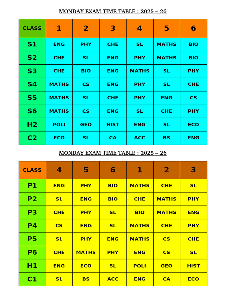 Monday Exam Schedule 2025-26 | PDF