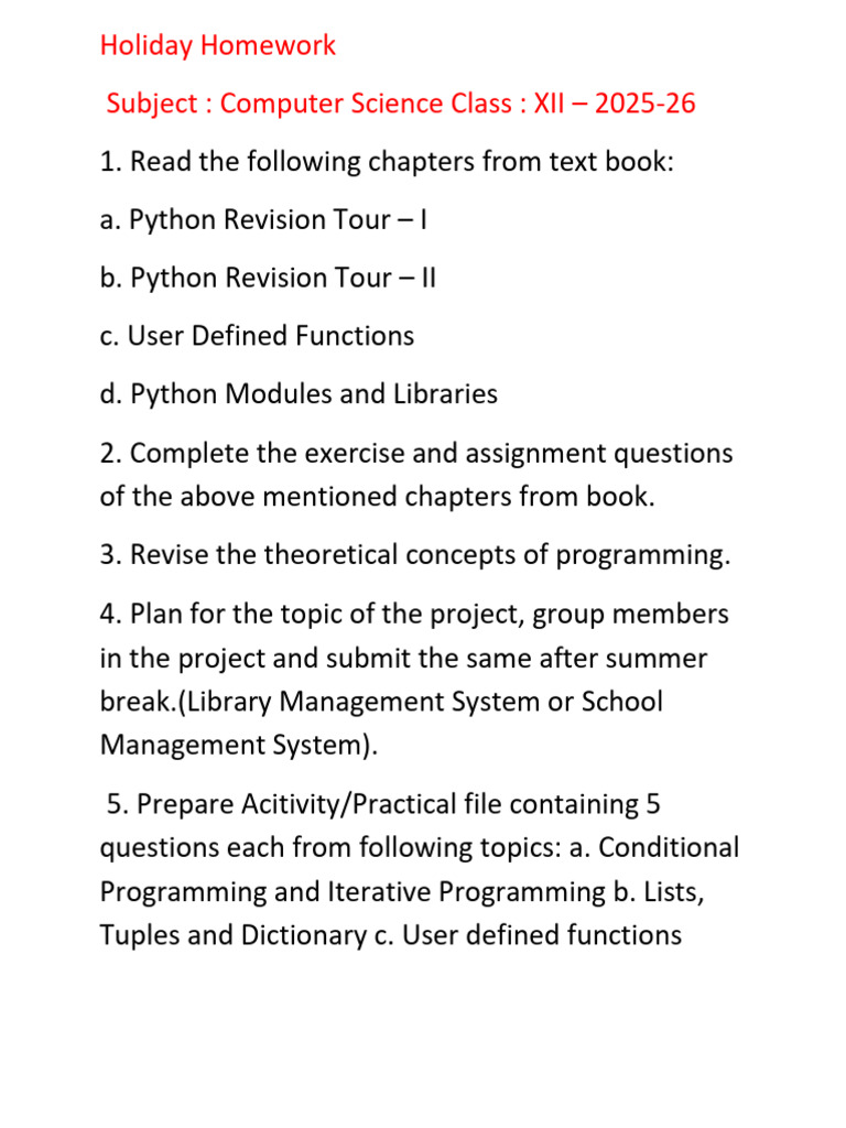 Holiday Homework CLASS XII CS | PDF