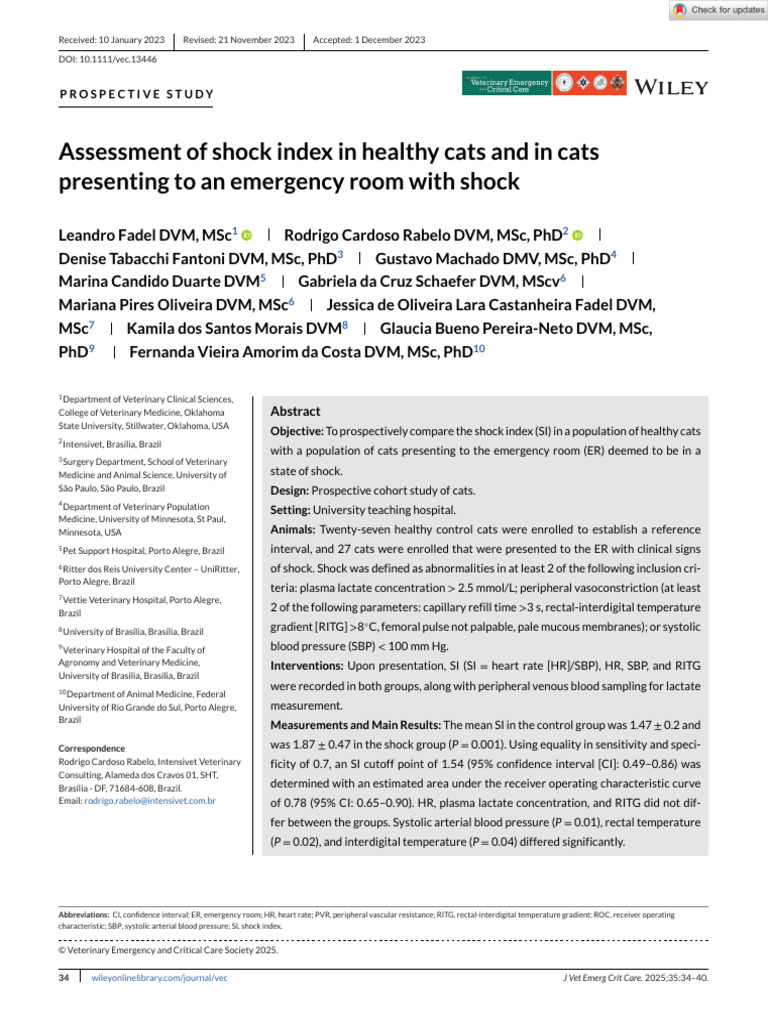 ASSESSMENT OF SHOCK INDEX IN HEALTHY CATS AND IN CATS PRESENTING TO AN ...