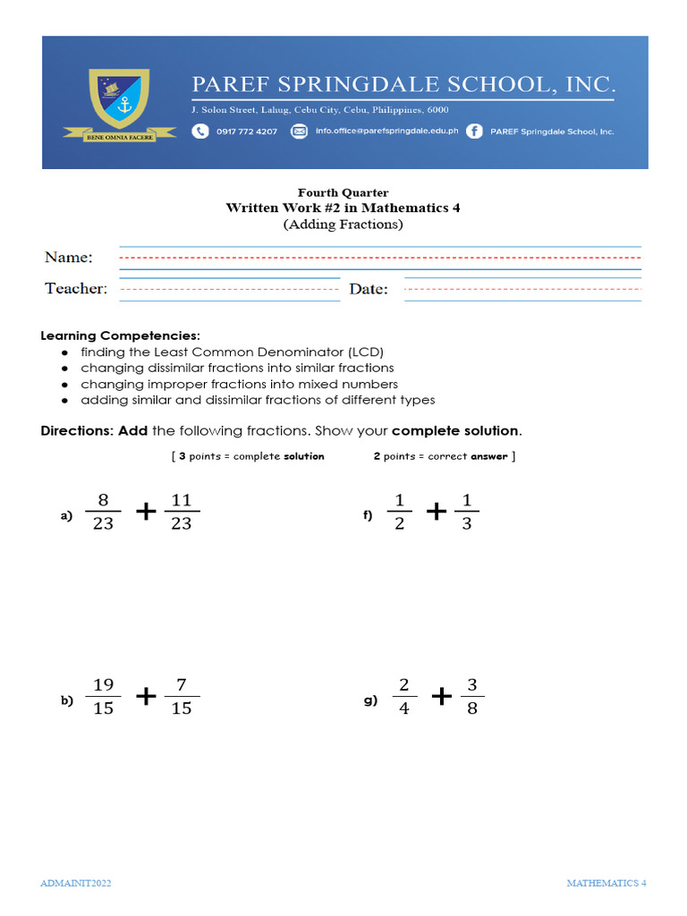 Written Work #2 - Adding Fractions | PDF | Algebra | Mathematical Objects
