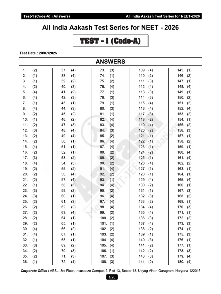 AIATS-2026 (OYM) - Test-01 Code-A - (20-07-2025) - Sol | PDF