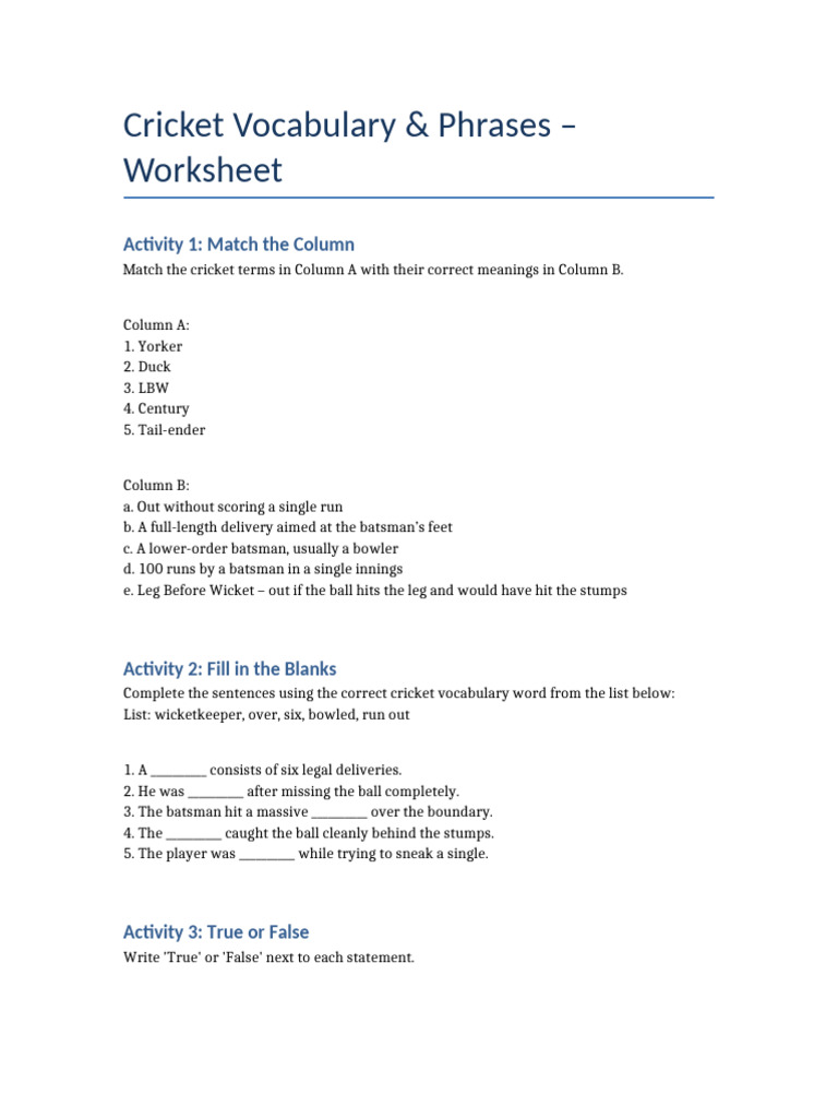 Cricket Vocabulary Worksheet 2 | PDF