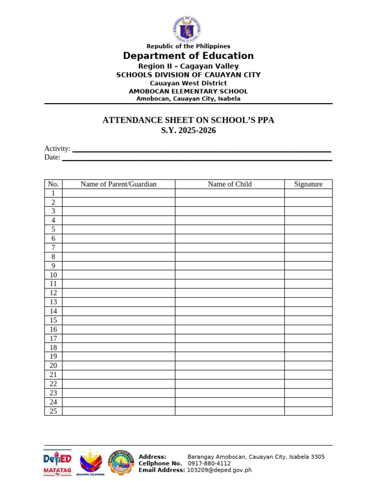 Amobocan Elementary Attendance Sheet | PDF