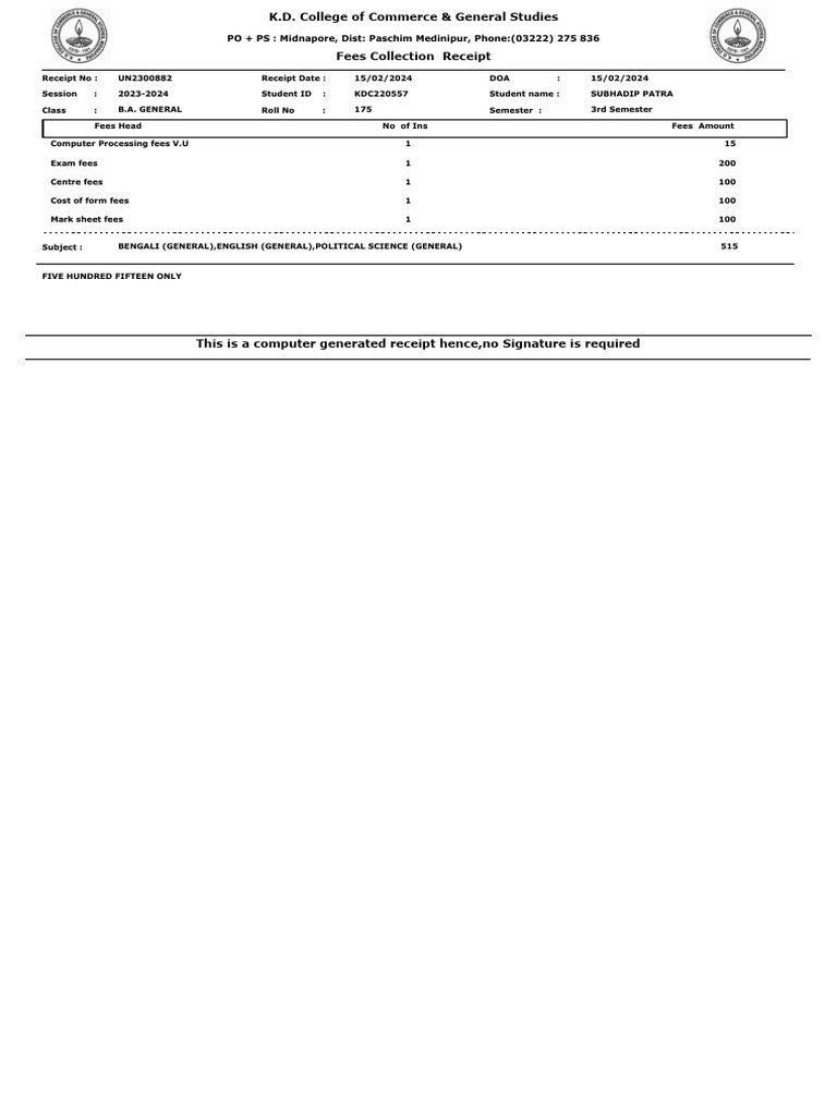Admission Challan Receipt for Subhadip Patra | PDF