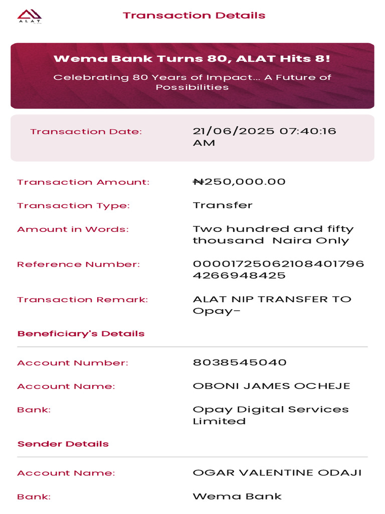 ALAT Transfer Receipt - OBONI JAMES OCHEJE - 8038545040 - 250,000.00 ...