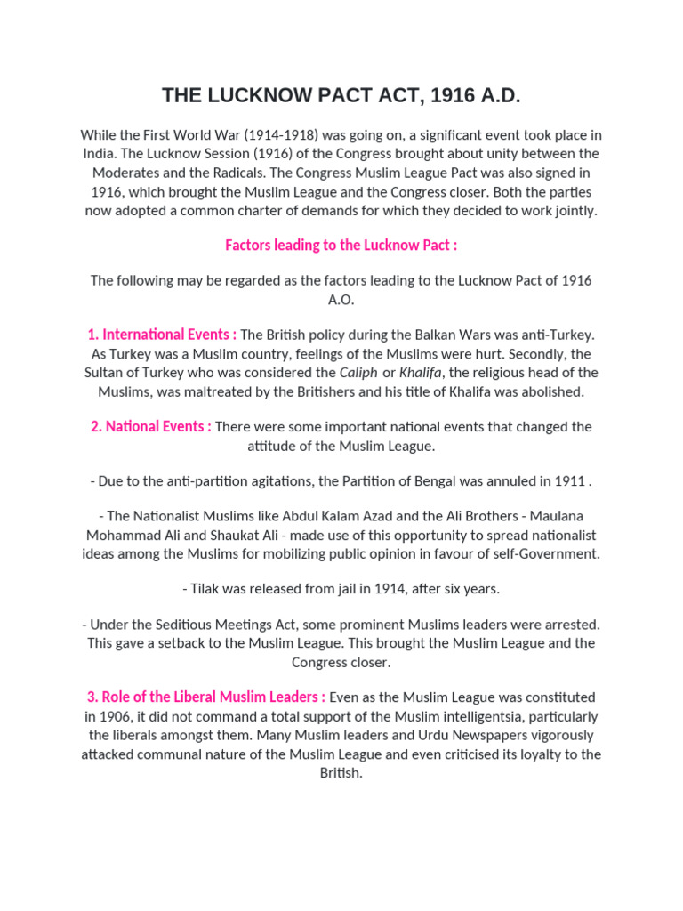 The Lucknow Pact Act, 1916 A.D. | PDF | All India Muslim League ...