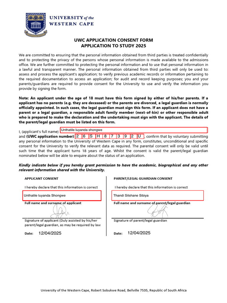 UWC Application Consent Form 2025 | PDF | Information | Social Ethics
