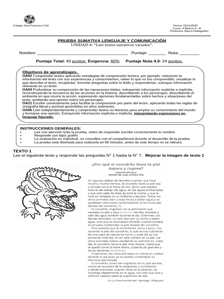 Prueba Lenguaje 4° Básico A-B | PDF