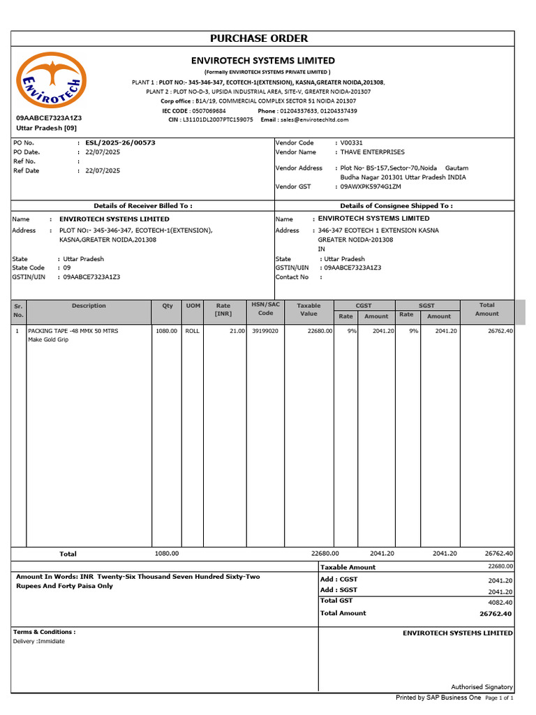 Purchase Order for Envirotech Systems | PDF | Sales | Government Finances