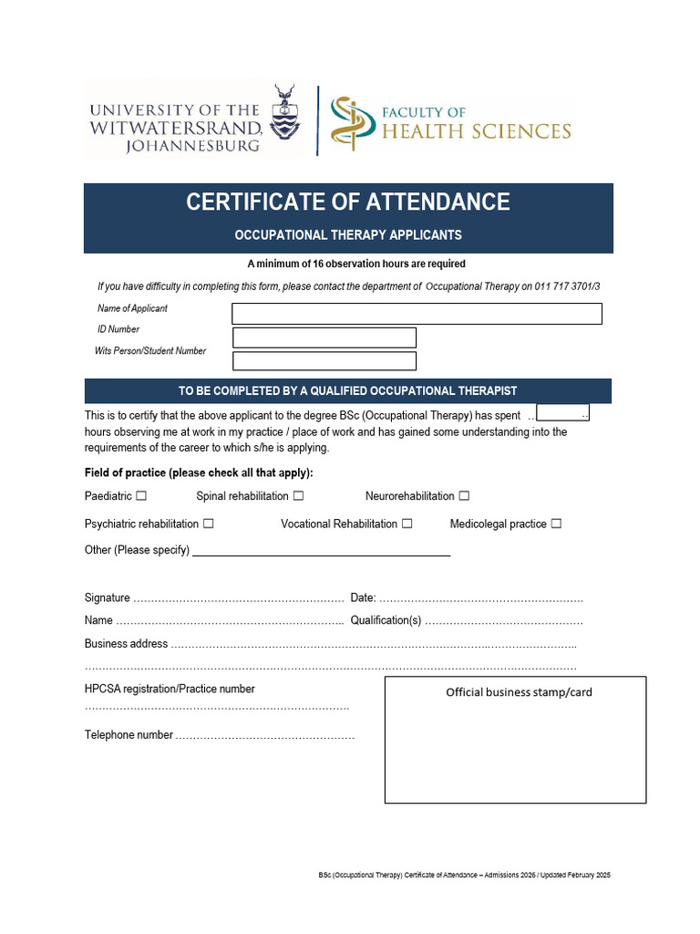 Job Shadowing Occupational Therapy Certificate of Attendance | PDF | Health Care