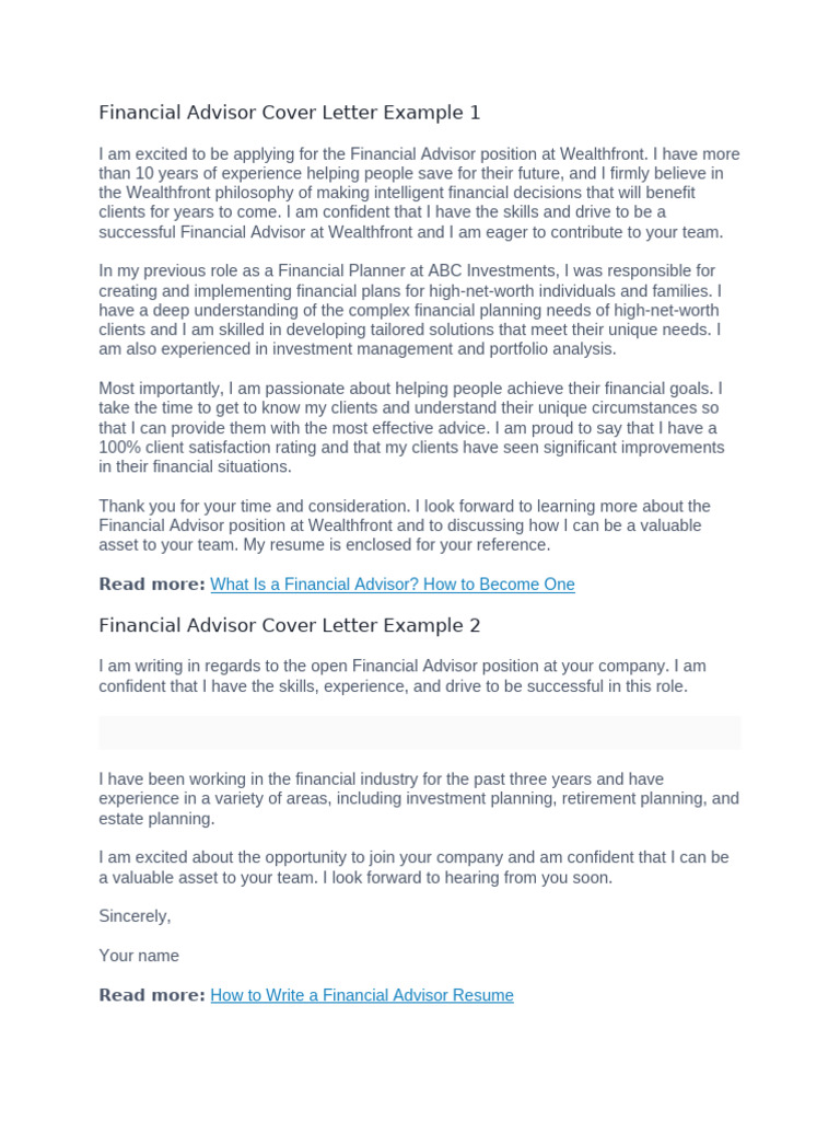 Financial Advisor Cover Letter Samples | PDF | Knowledge | Financial ...