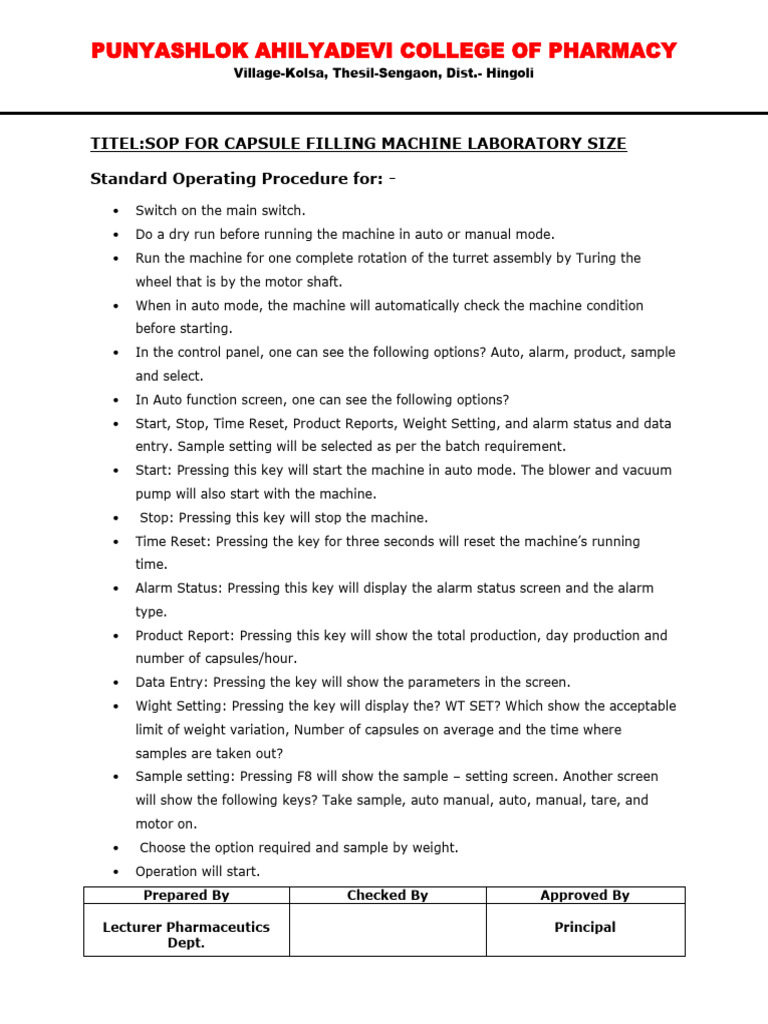 Sop For Capsule Filling Machine | PDF