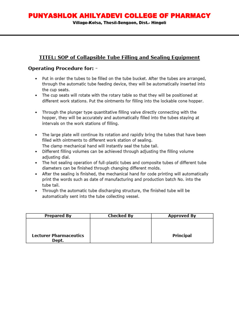 SOP for Collapsible Tube Filling Machine | PDF