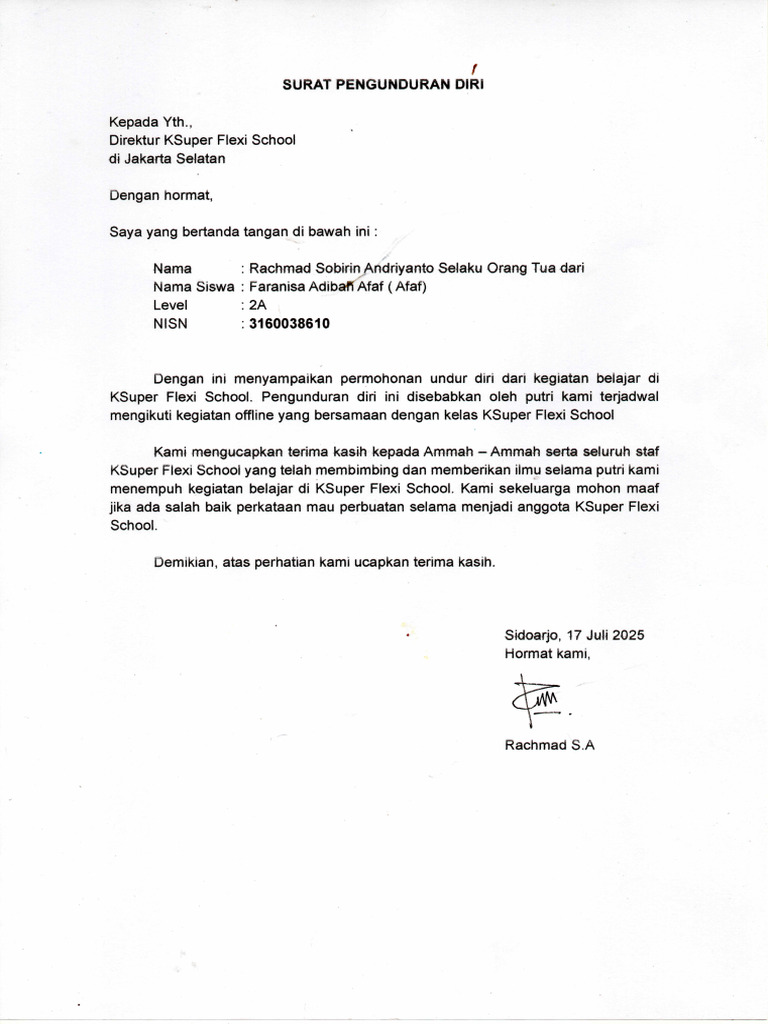 Surat Undur Diri Afaf | PDF