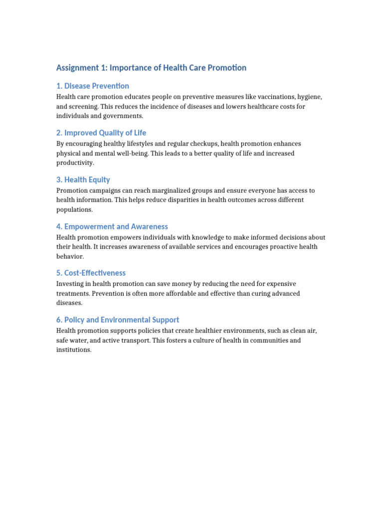 Assignment 1 Health Promotion Importance | PDF