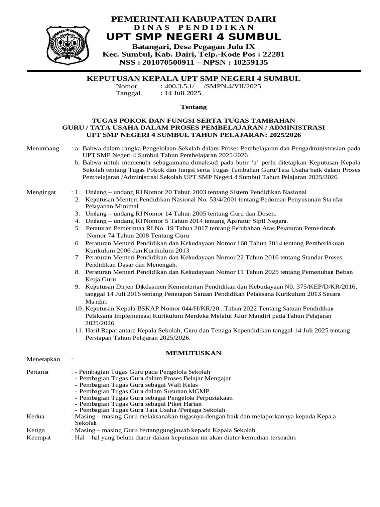 SK Pembagian Tugas 2025-2026 Ganjil | PDF