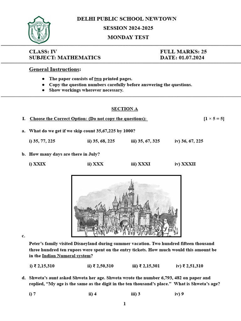 Cl.4 Mathematics MT 1 2024-25 | PDF