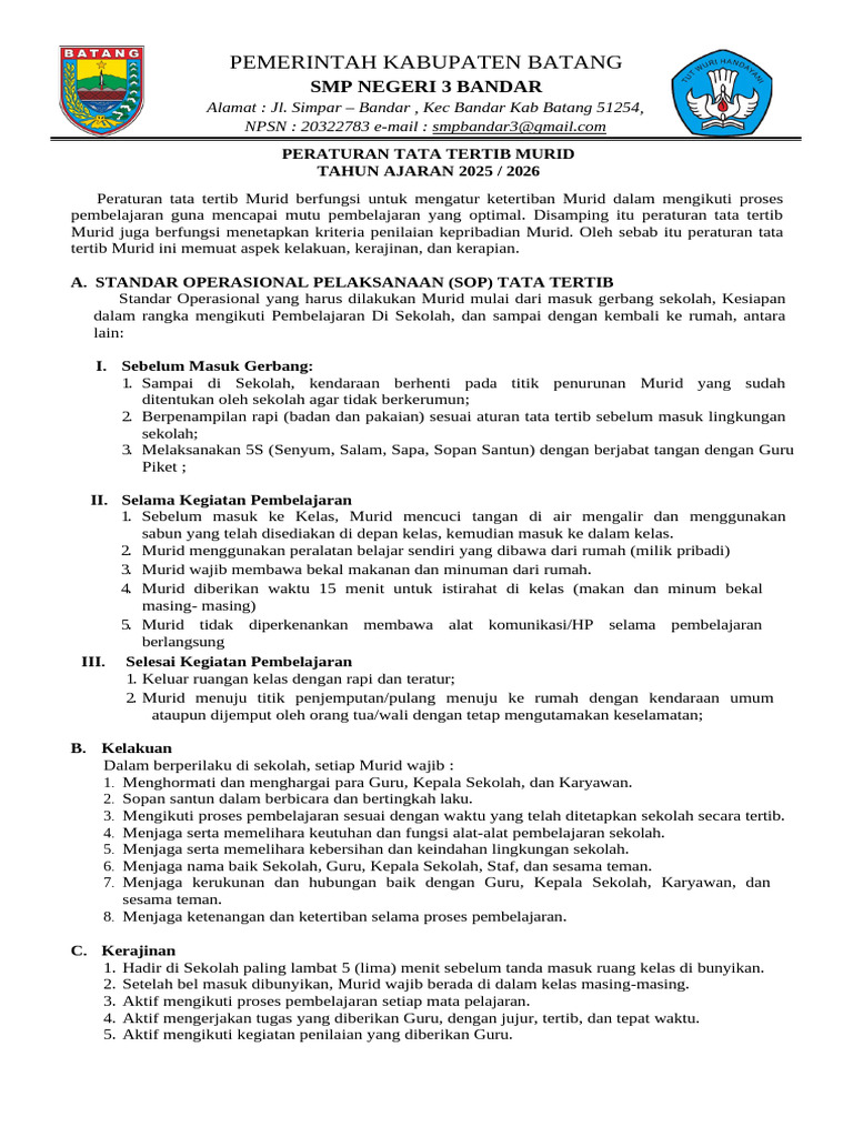 Tata Tertib Murid SMP Negeri 3 Bandar | PDF