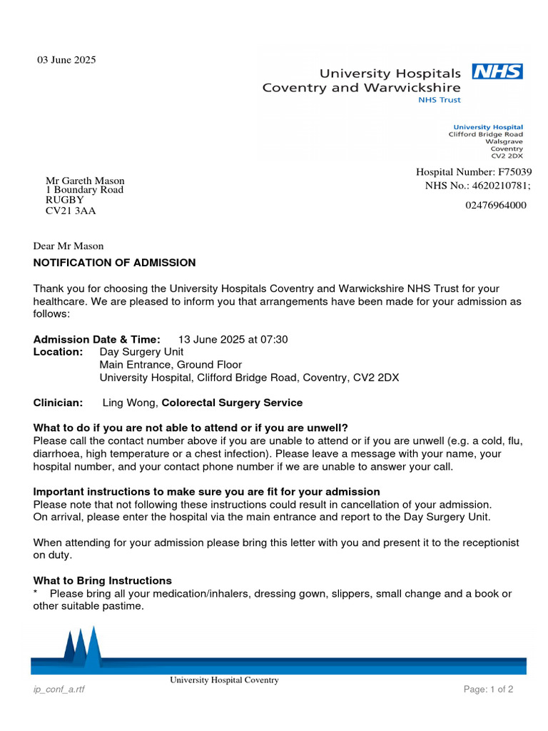Colorectal Surgery Appointment Letter 2025-06-03 13-12-21 | PDF ...