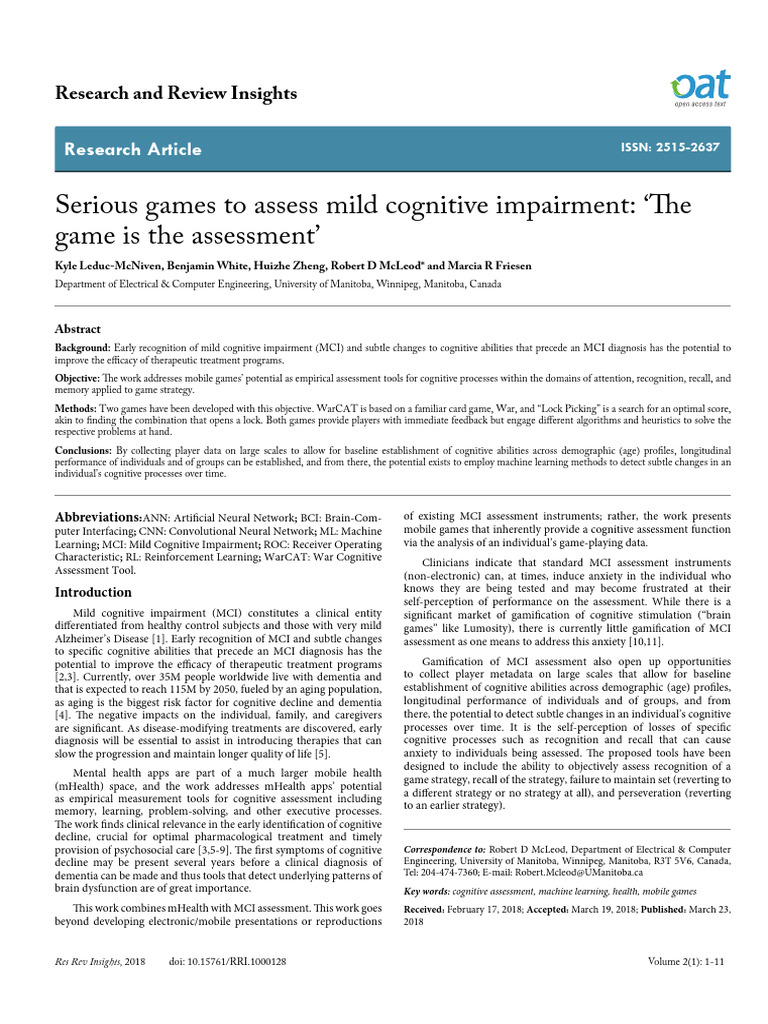 Serious Games To Assess Mild Cognitive Impairment | PDF | Dementia ...