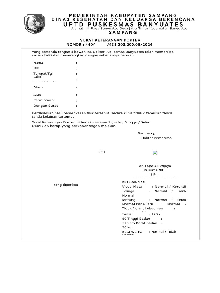 Surat Keterangan Sehat Puskesmas Banyuates | PDF