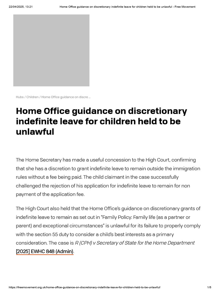 22.04 Home Office Guidance On Discretionary Indefinite Leave For Children Held To Be Unlawful ...
