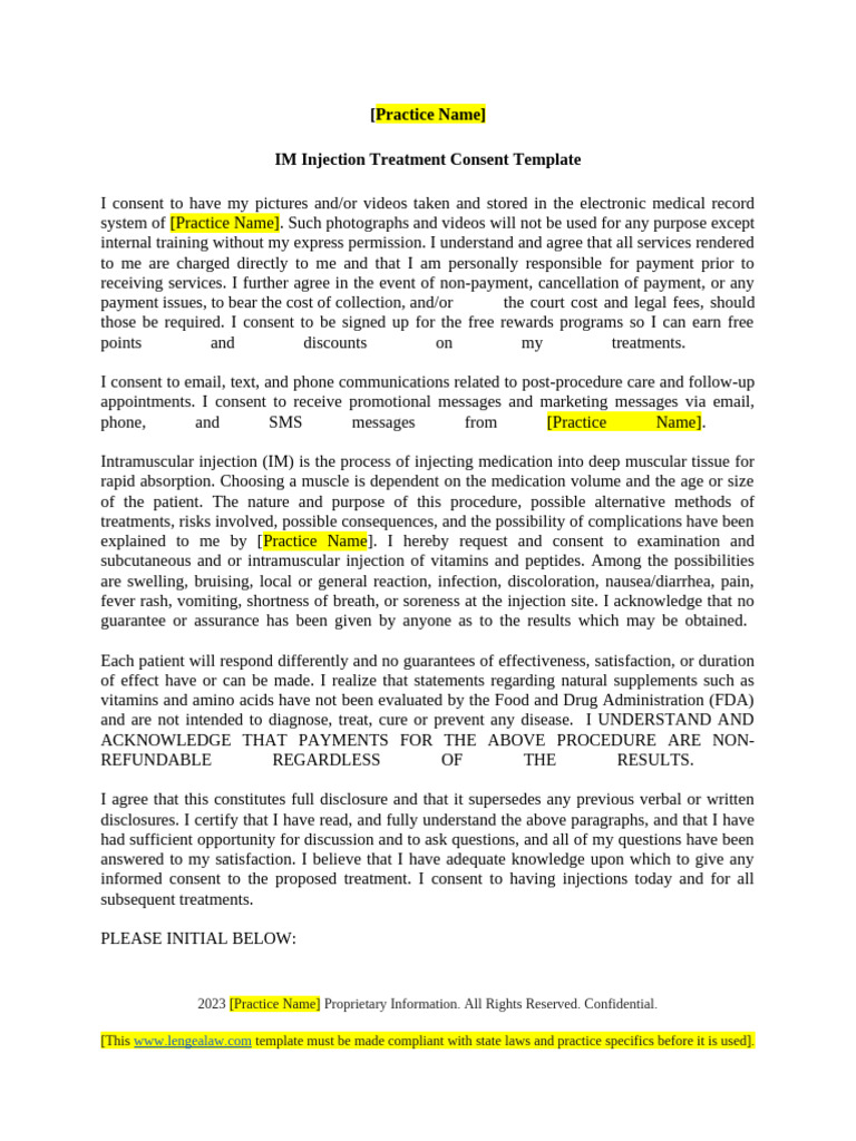 IM Injection Consent Template - With Mobile Services | PDF | Injection ...