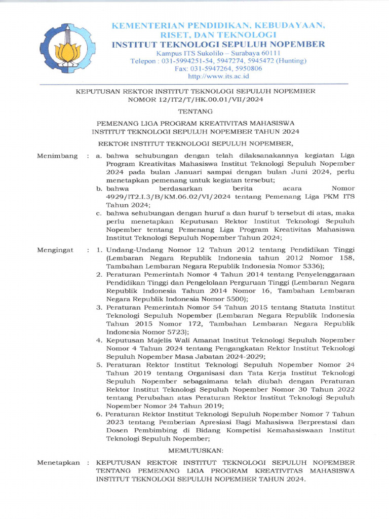 12 - It2 - T - hk.00.01 - VII - 2024 SK Rektor Pemenang Liga PKM Its ...