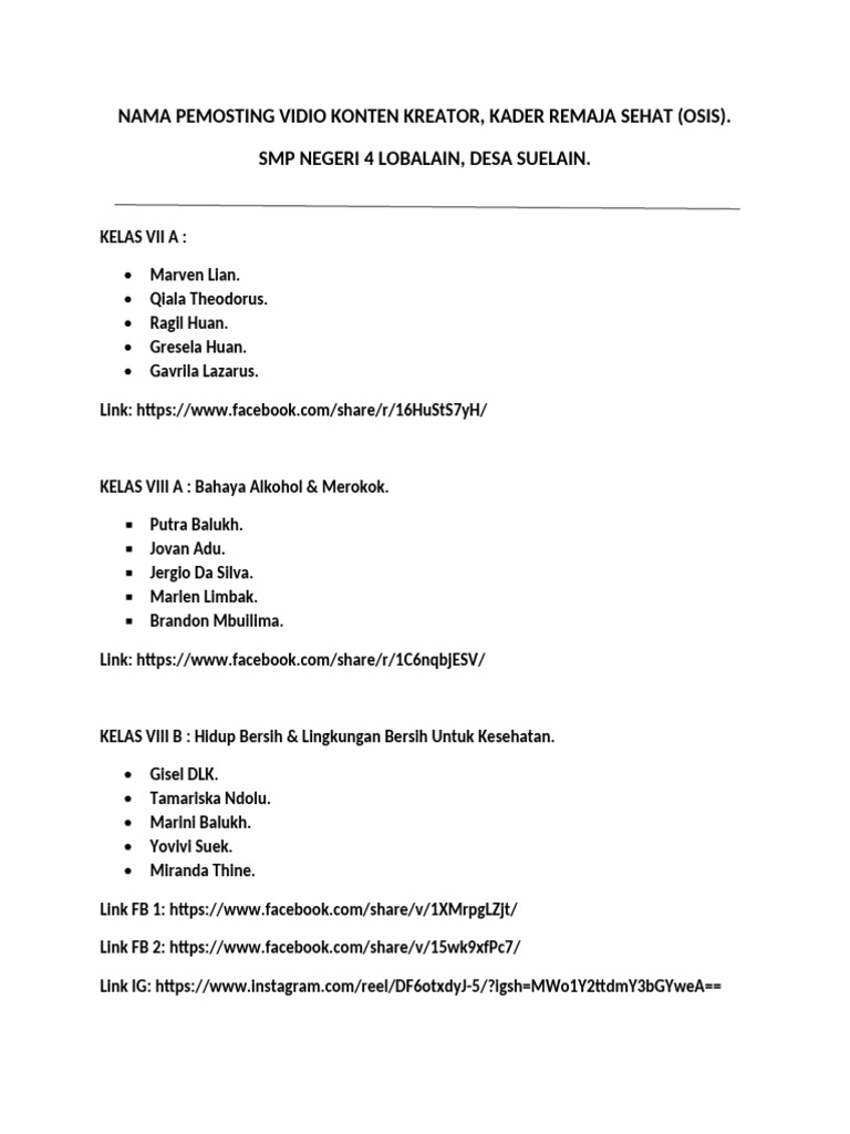 Nama Pemosting Konten Kader Remaja Sehat | PDF