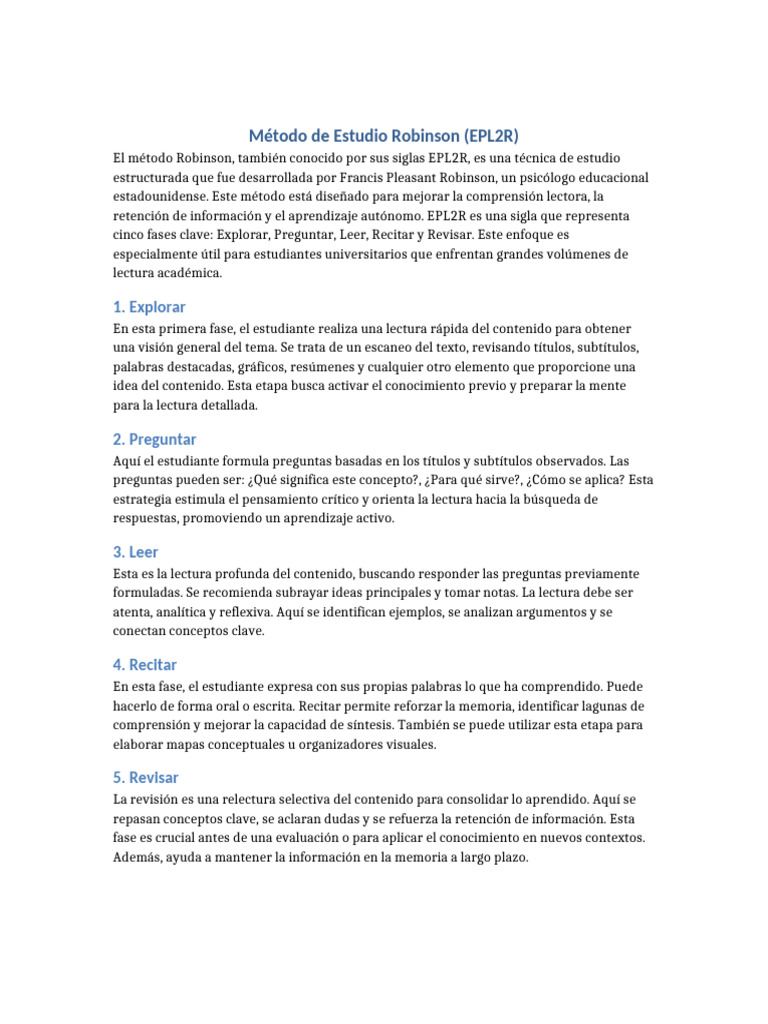 Metodo Robinson EPL2R Detallado | PDF | Comprensión lectora | Aprendizaje