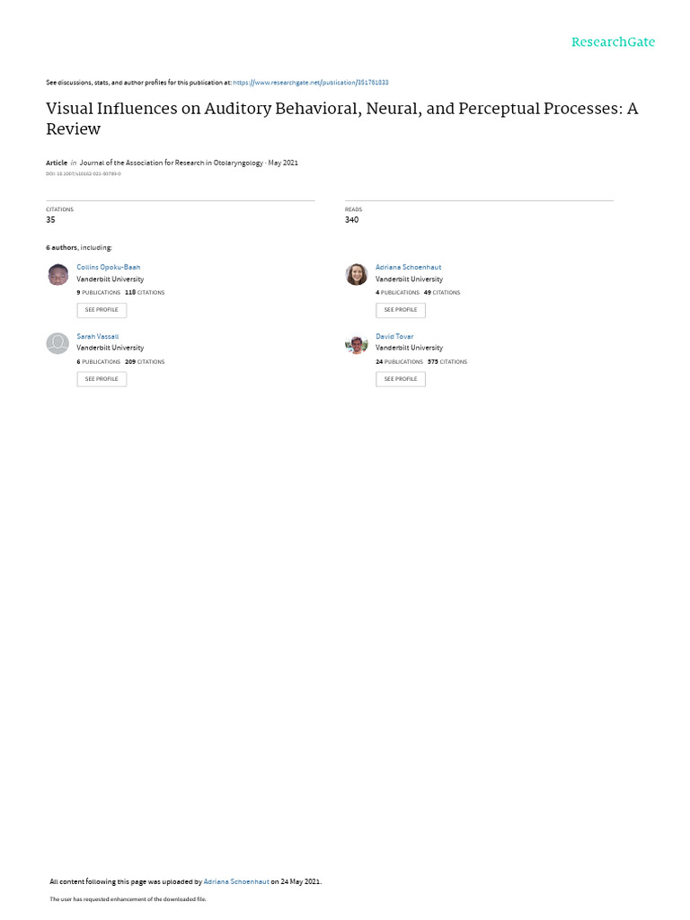 Visual Influences On Auditory Behavioral, Neural, and Perceptual Processes - A Review | PDF ...