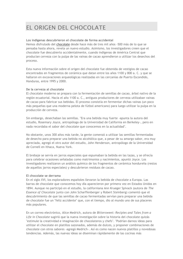 El Origen Del Chocolate | Descargar gratis PDF | Chocolate | Cerveza