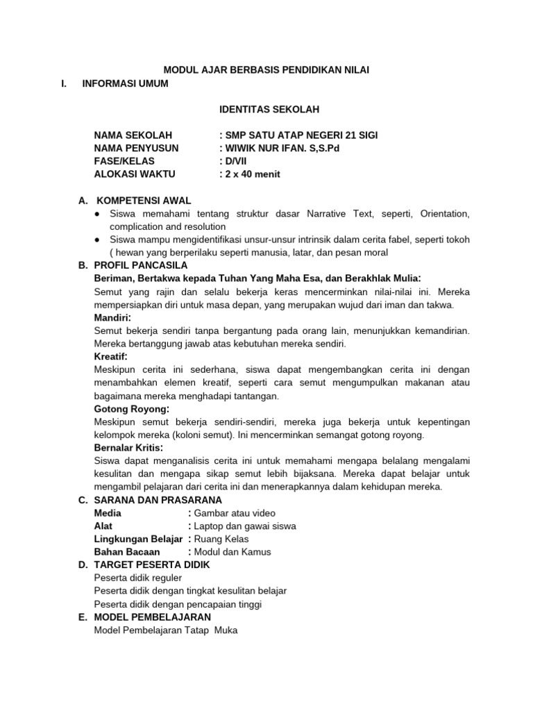 Modul Ajar Berbasis Pendidikan Nilai | PDF